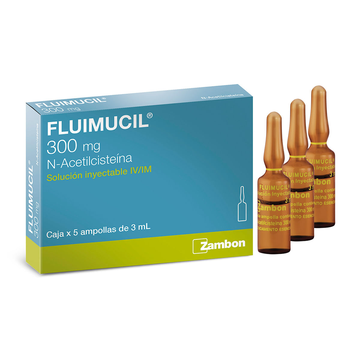 Solución Inyectable Fluimucil 300 Mg/3 Ml Zambon Caja X 5 Ampollas ...
