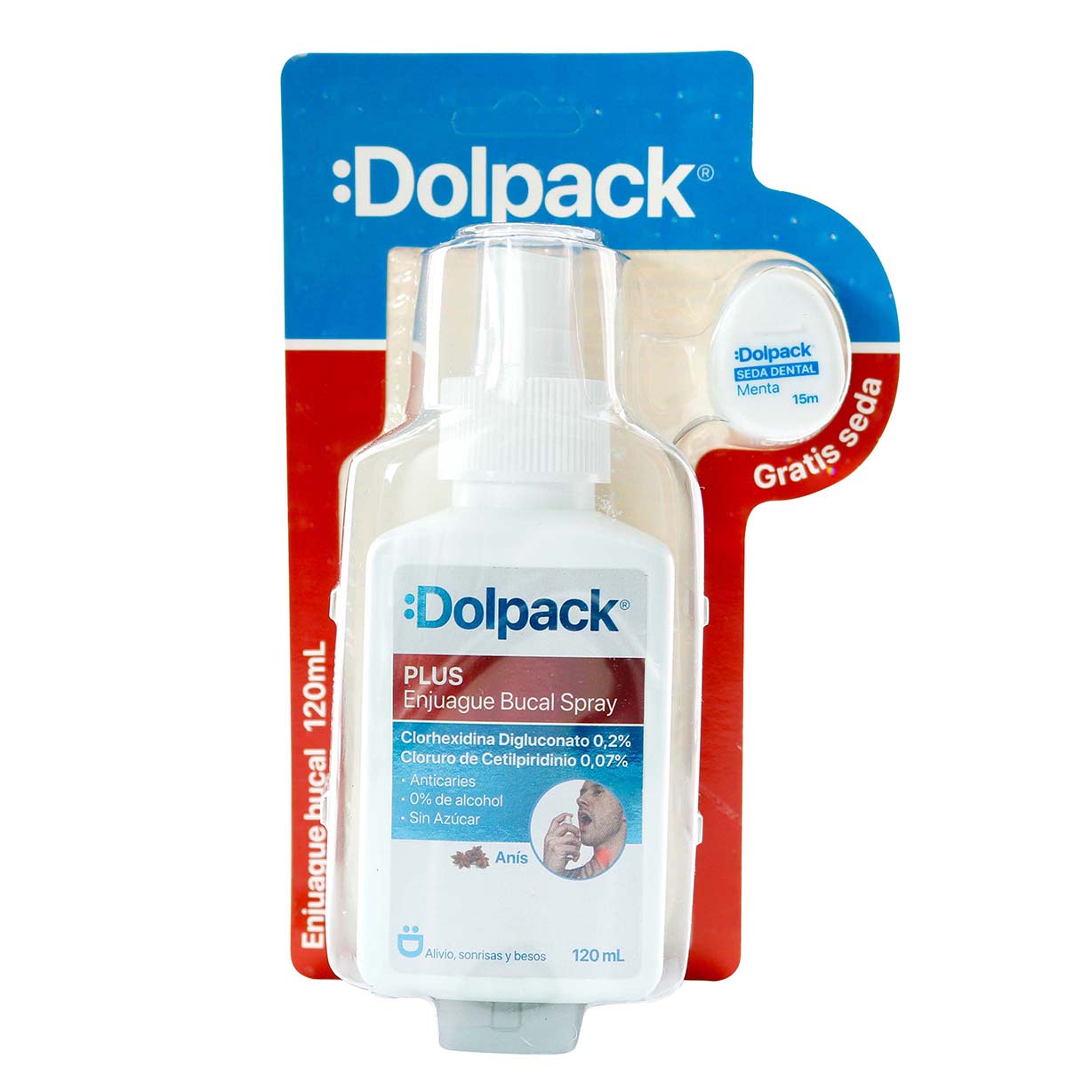 Enjuague Bucal Dolpack Plus Spray Frasco x 120 mL Gratis Seda Dental ...