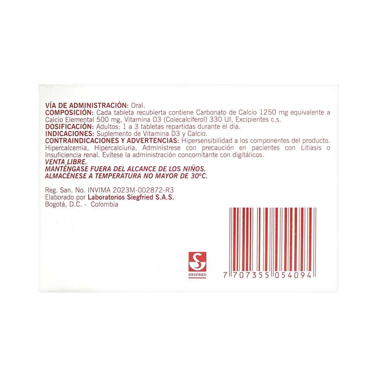 Carbonato de Calcio 1250 mg / Vitamina D3 330 UI Osteocal D Caja x 30 ...